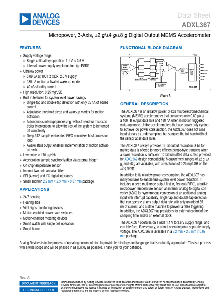 ADXL367 MEMS Accelerometer Data Sheet | PDF | Electrostatic Discharge | Analog To Digital Converter