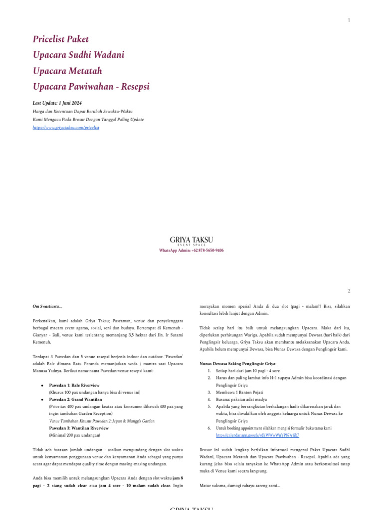 Paket Upacara Sudhi Wadani, Metatah, Pawiwahan-Resepsi _ Griya Taksu | PDF