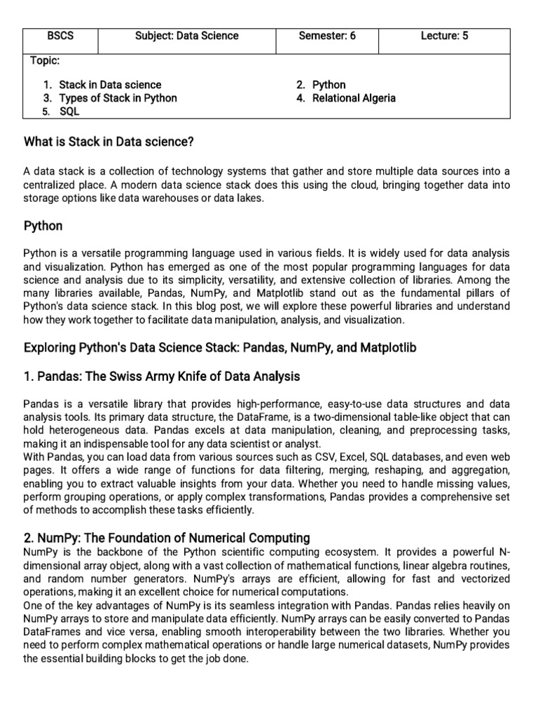 Data Science Lecture 5 6th Semster | PDF | Relational Database | Data Science