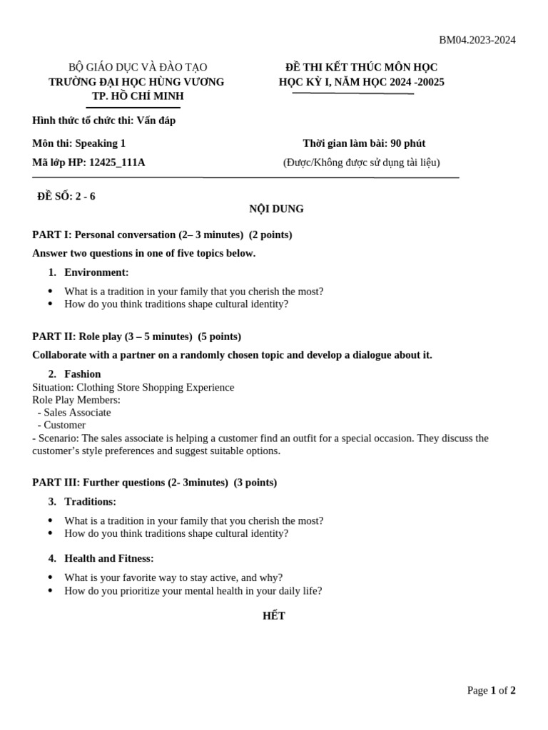 BM04-Đề thi Vấn đáp -Speaking 1 - HLien -đề 2 - 6 | PDF