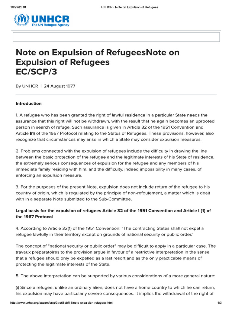 UNHCR Course - Note On Expulsion of Refugees | PDF | Refugee | Forced ...