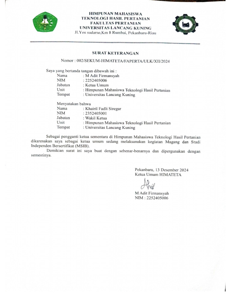 Surat Keterangan PLT | PDF