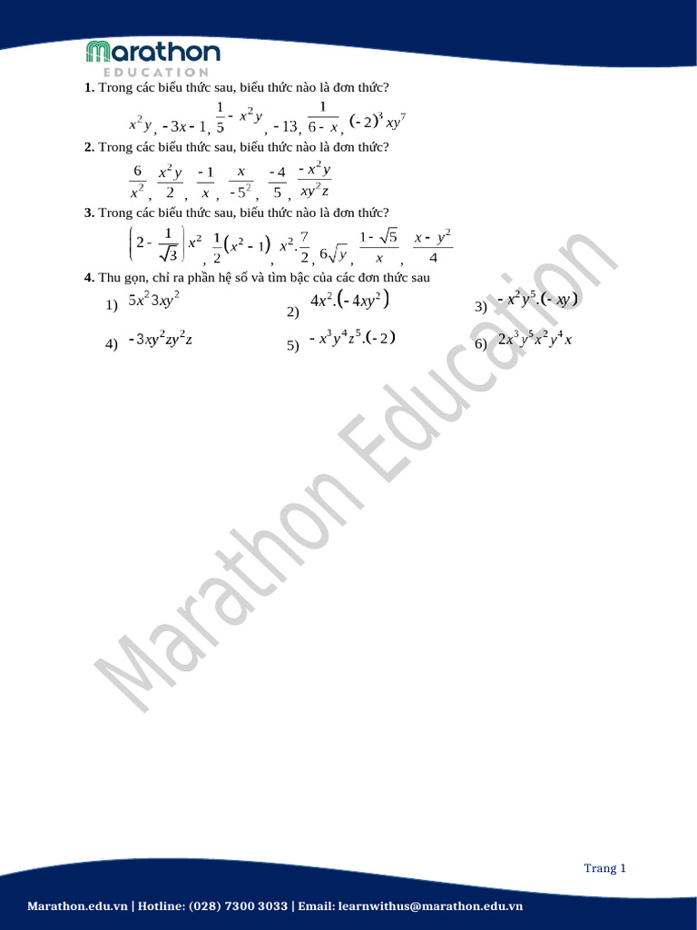 TUẦN 2_BUỔI 3_ ĐƠN THỨC NHIỀU BIẾN_BTVN | PDF