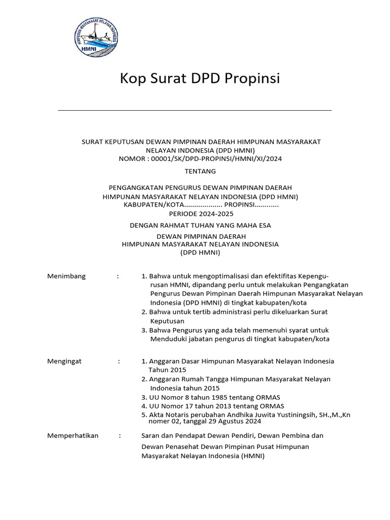 Pengangkatan Pengurus DPD HMNI 2024-2029 | PDF
