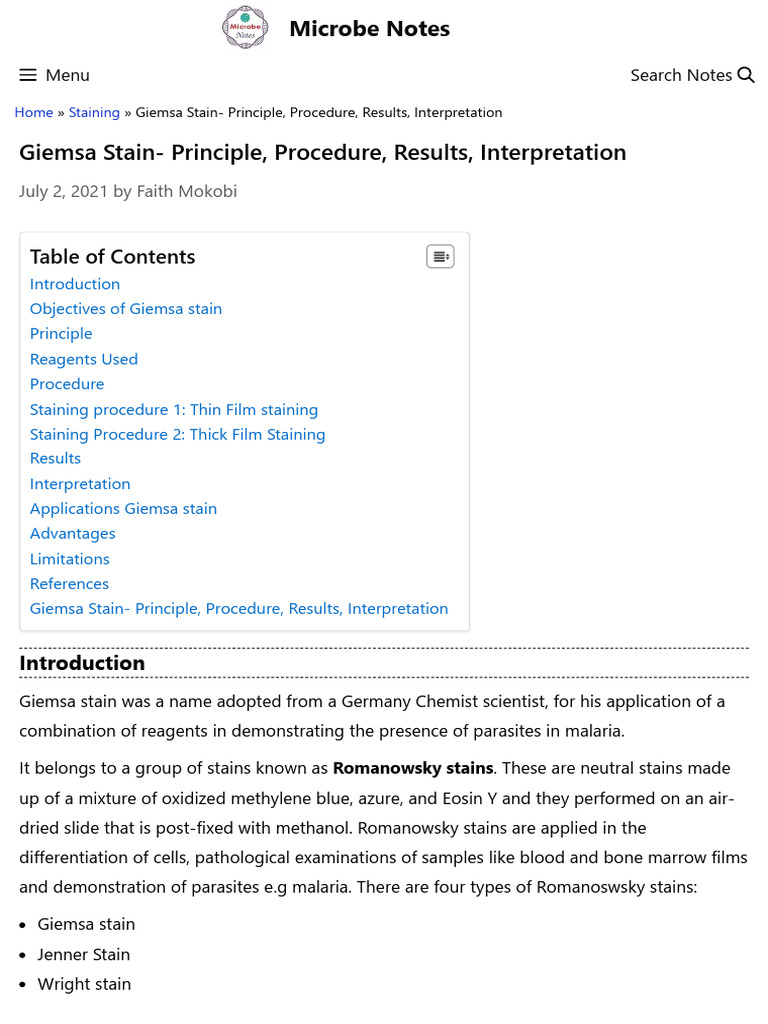 Giemsa Stain: Principles and Procedures | PDF | Staining | Cell Biology