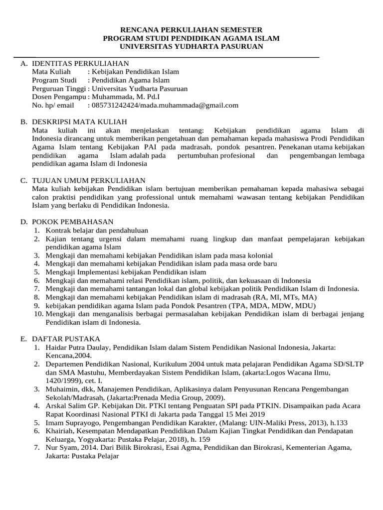 RPS Kebijakan Pendidikan Islam | PDF