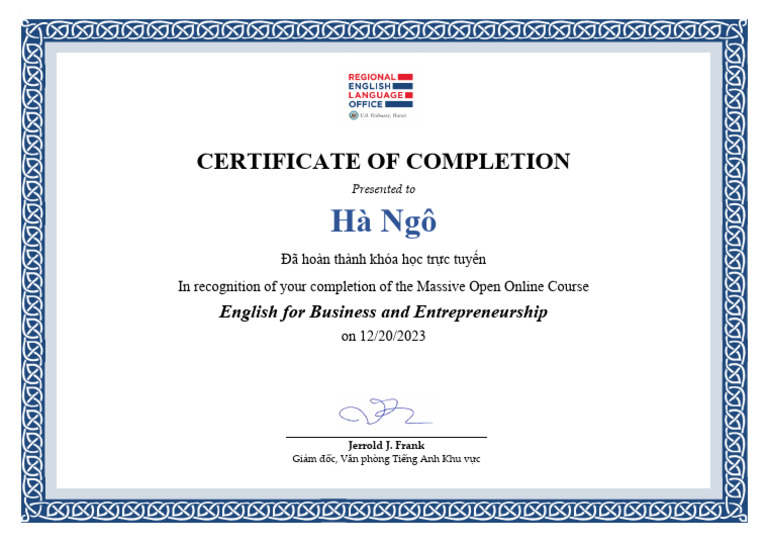 MOOC Certificate of Completion - Hà Ngô | PDF