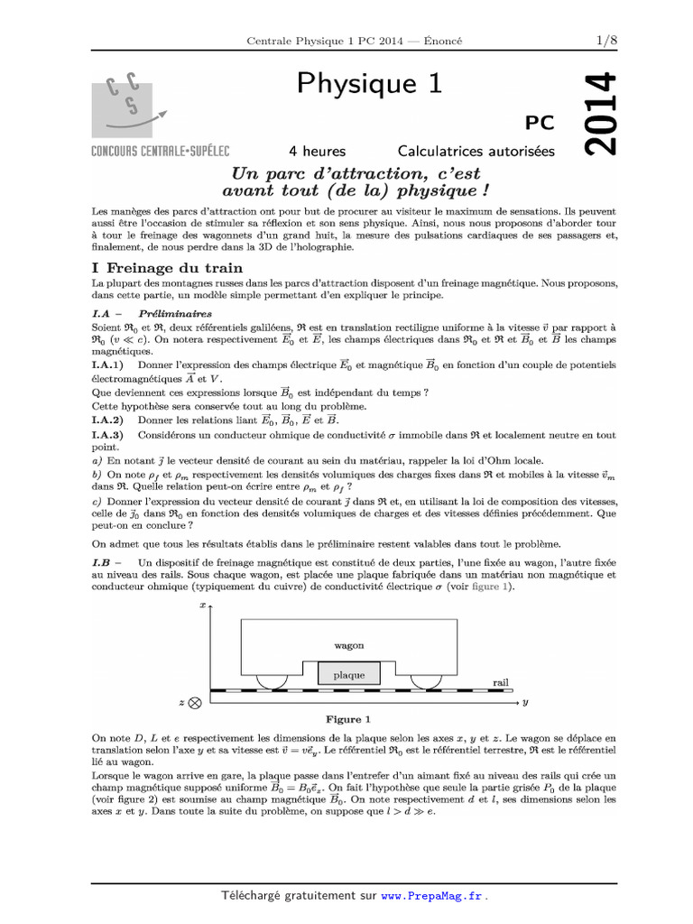 PC PHYSIQUE CENTRALE 1 2014.enonce | PDF