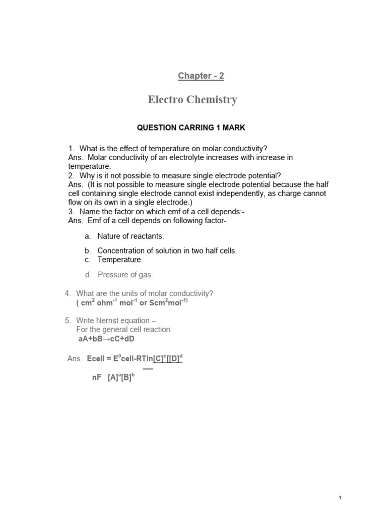CLASS XII CHEMISTRY MARKS WISE Important Questions Chapter 2 Electro Chemistry | PDF ...