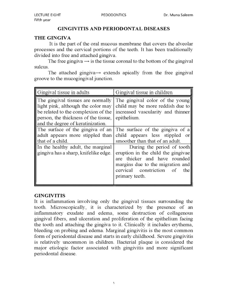 LEC 8 Gingivitis and Periodontal Disease in Children Introduction | PDF