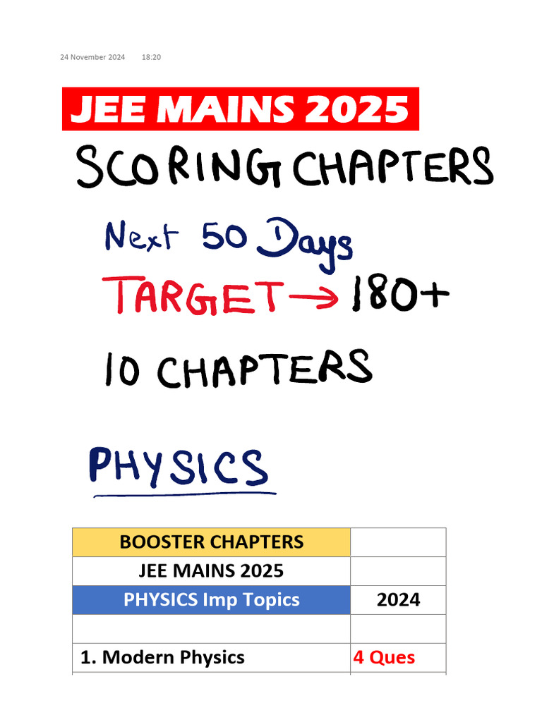 Jee Mains 2025 Important Chapters 180 | PDF