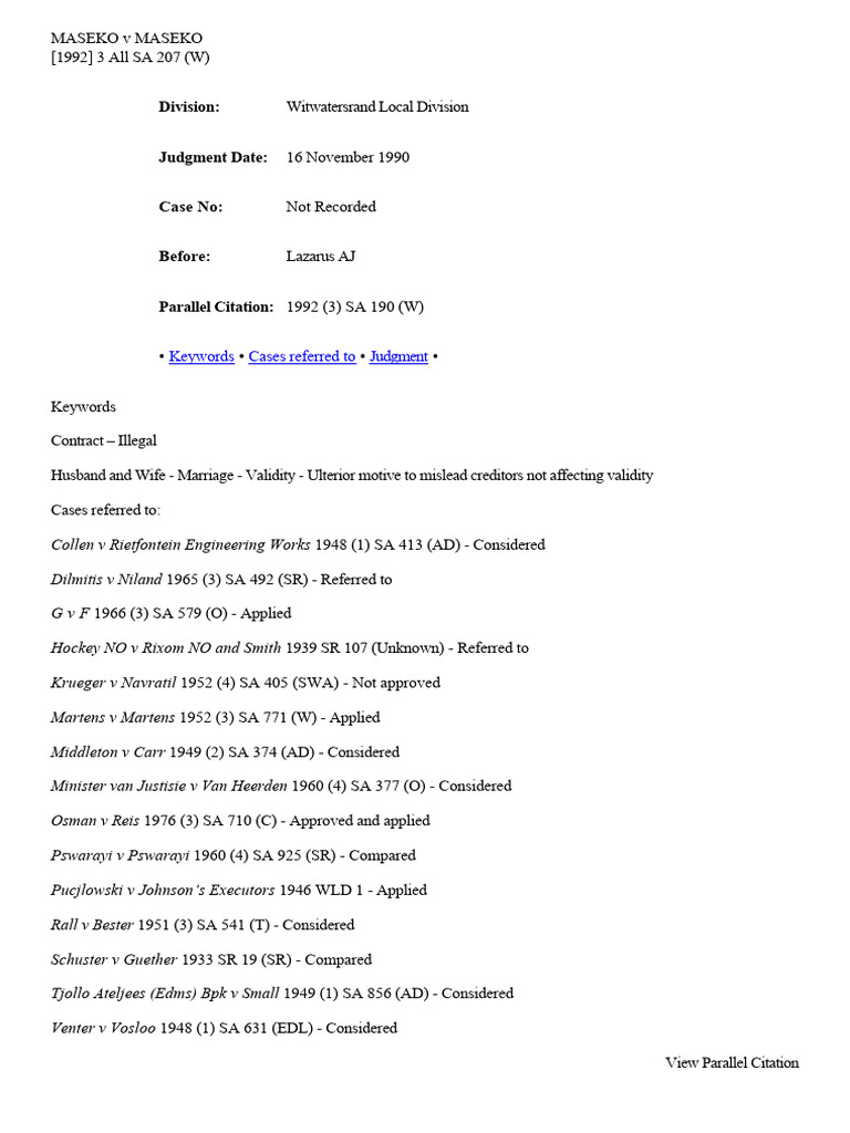 Maseko V Maseko 1992 (3) SA 190 (W) | PDF | Misrepresentation | Legal Remedy