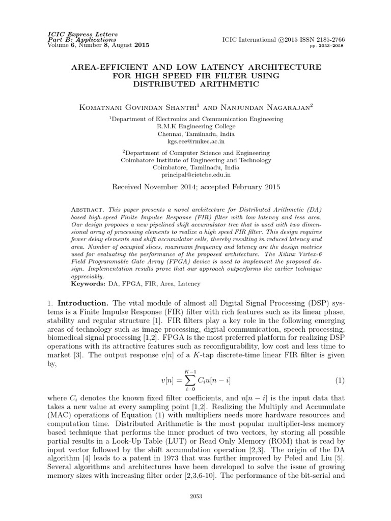 AREA-EFFICIENT AND LOW LATENCY ARCHITECTURE FOR HIGH SPEED FIR FILTER USING DISTRIBUTED ...