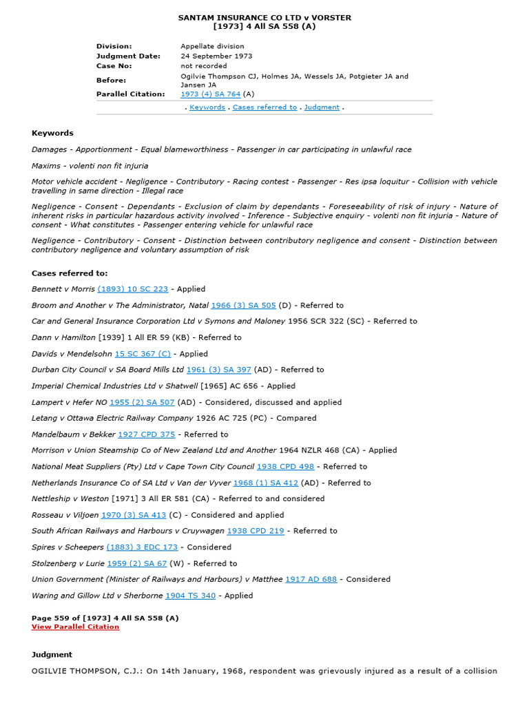 Santam Insurance Co LTD V Vorster (1973) 4 All Sa 558 (A) | PDF ...