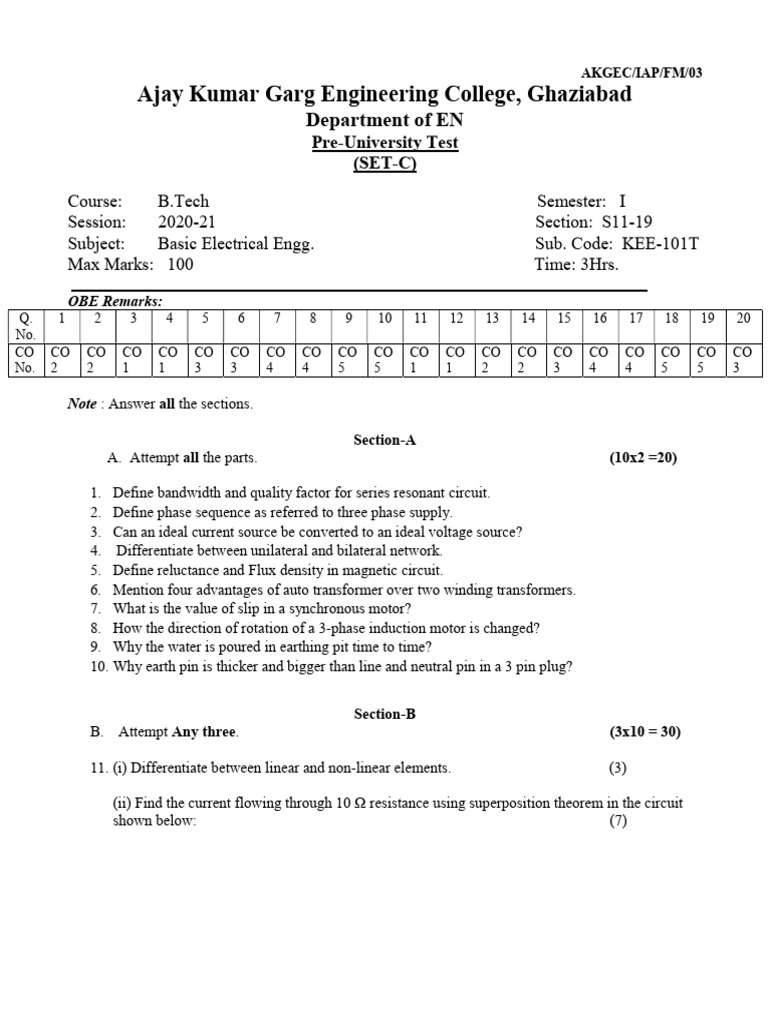 B.Tech Basic Electrical Engg. Exam Paper | PDF | Electric Motor | Transformer
