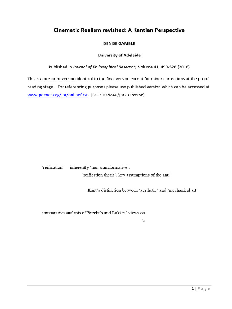 Cinematic Realism Revisited a Kantian Pe | PDF | Immanuel Kant | Aesthetics