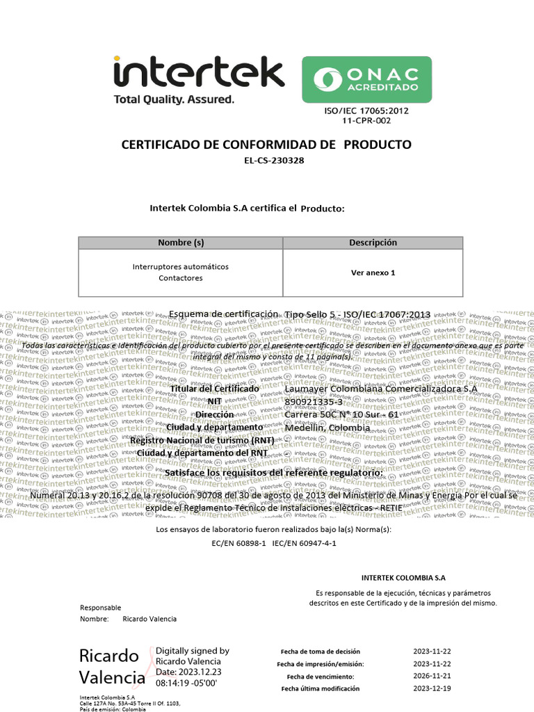 Certificado RETIE Intertek EL-CS-230328 - Interruptores y Contactores HYUNDAI | PDF | Colombia ...