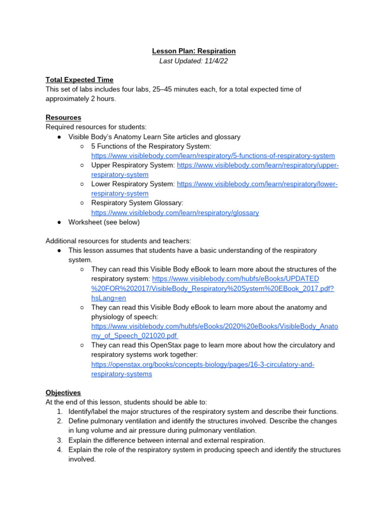 Bio Learn Lesson Plan Respiration | PDF | Respiratory System ...