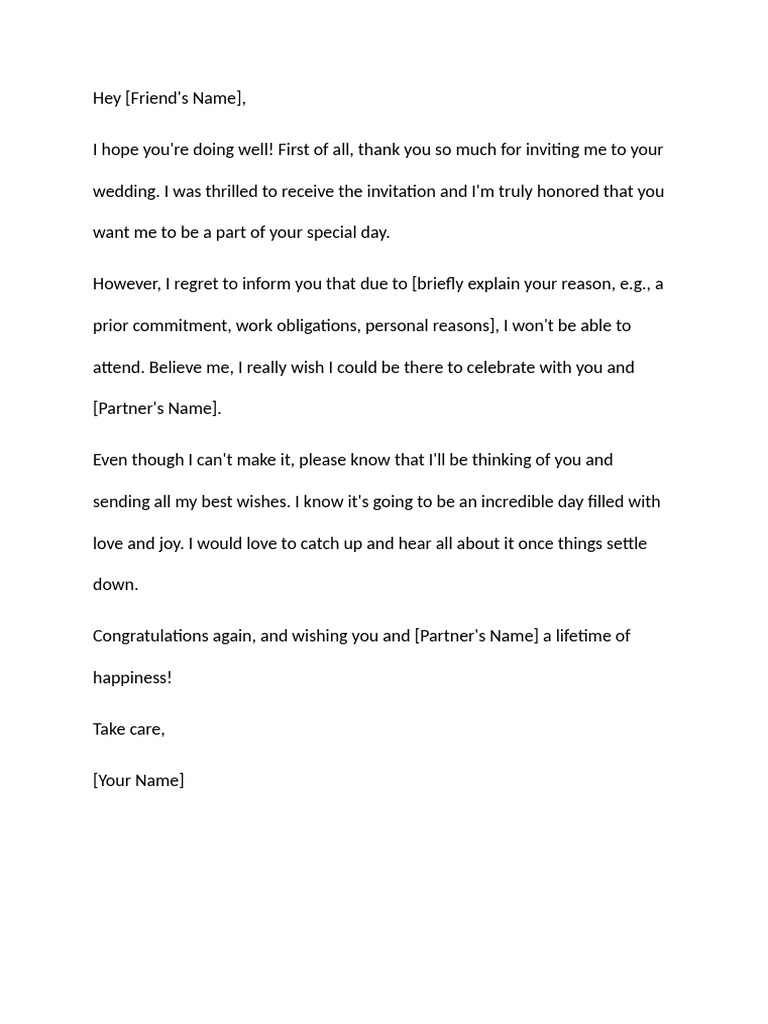 Letter To Decline Wedding Invitation | PDF