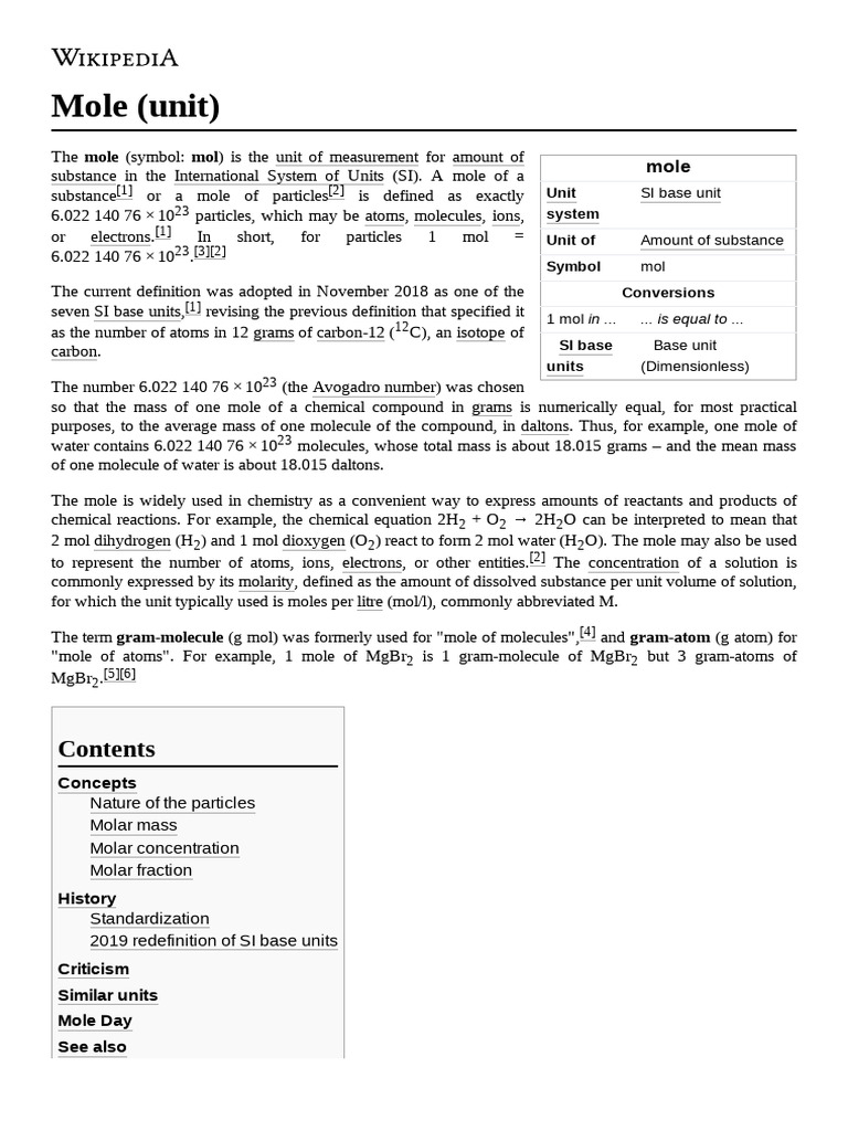 Mole_(unit) | PDF | Mole (Unit) | Physical Quantities