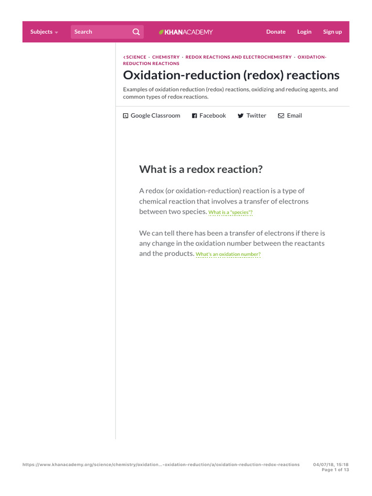 Oxidation-Reduction (Redox) Reactions (Article) - Khan Academy | PDF ...