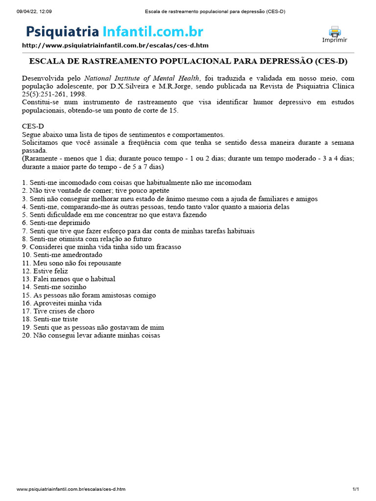 Escala de Rastreamento Populacional para Depressão (CES-D) | PDF