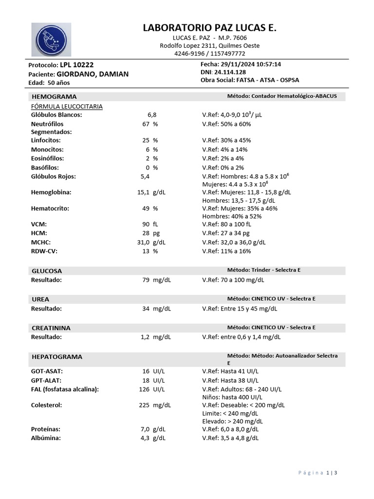 Informe LPL 10222 - GIORDANO, DAMIAN | PDF | Sangre | Vertebrados