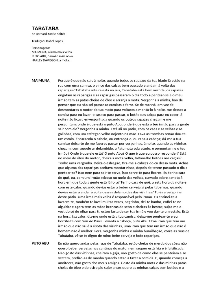 Bernard-Marie Koltès - Tabataba | PDF