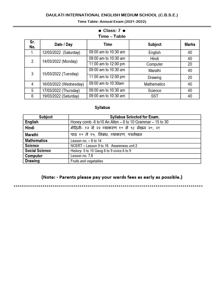 Class 7 Annual Exam Timetable 2022 | PDF