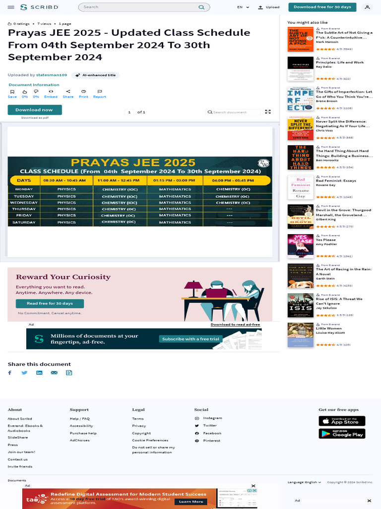 Prayas JEE 2025 - Updated Class Schedule From 04th September 2024 to 30th September 2024 PDF ...