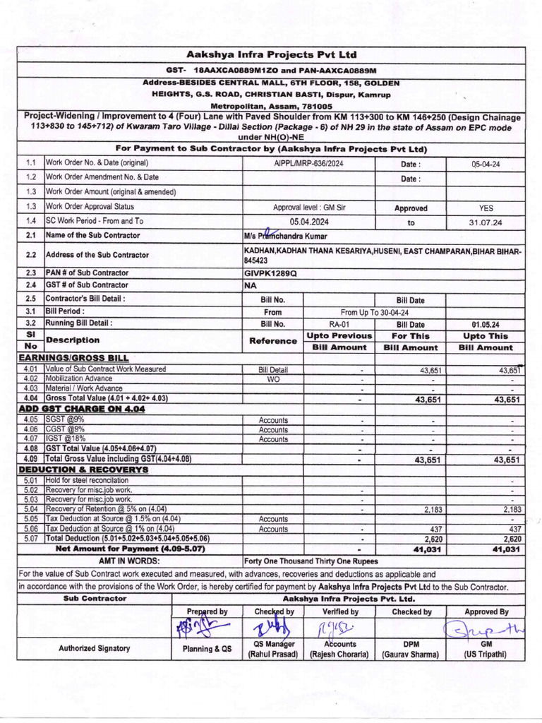 Premchandra Kumar RA Bill-1 | PDF