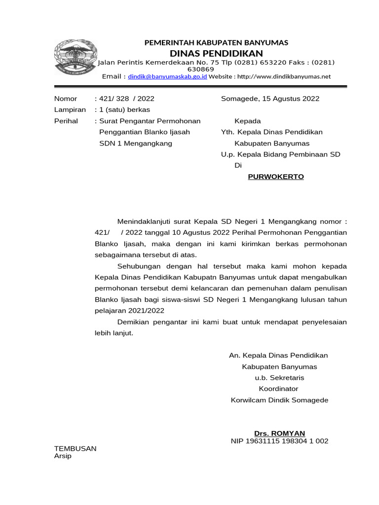 Pegantar Permohonan Pengganti Blanko Ijasah SDN 1 Mengangkang | PDF