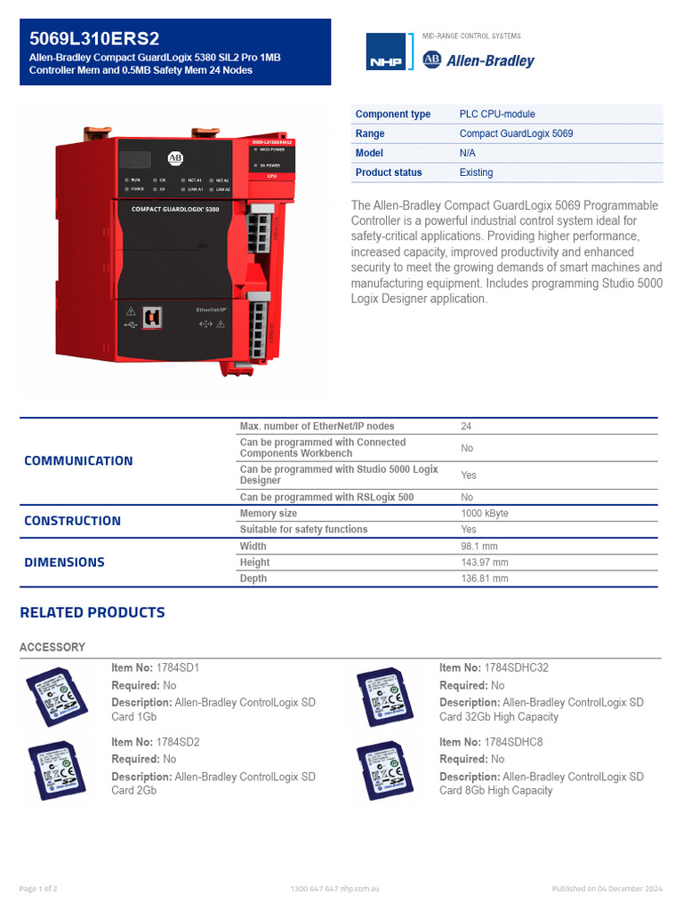 5069L310ERS2 AU Compact GuardLogix 5380 Datasheet | PDF | Computing | Computer Engineering