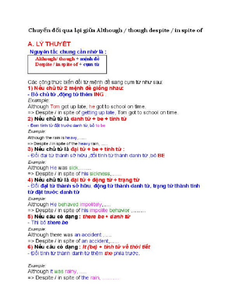 Lý thuyết tiếng anh chuyển đổi Although | PDF