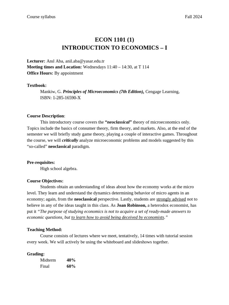 Econ1101 01 Fa24 Syllabus ABA | PDF | Economics | Neoclassical Economics
