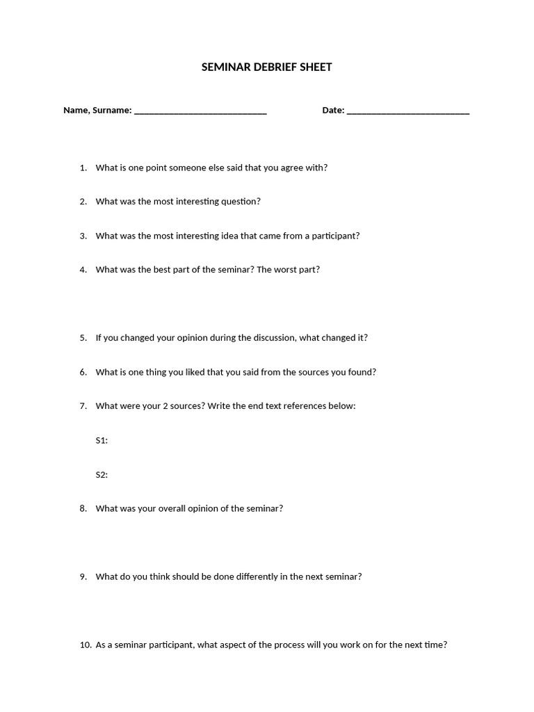 Eng102 - Seminar Debrief Sheet | PDF