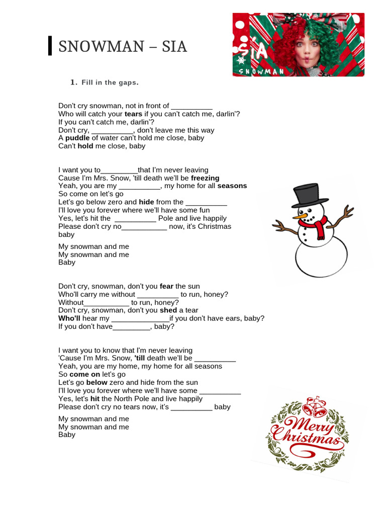 Snowman Sia Activities With Music Songs Nursery Rhymes - 103283 | PDF
