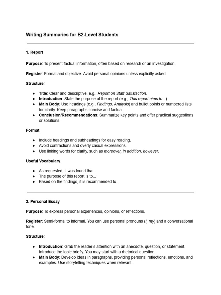 Writing Summaries for B2-Level Students | PDF | Essays | Human ...