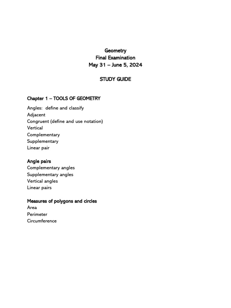 02.Final Exam.study Guide.june 2024 | PDF | Triangle | Perpendicular