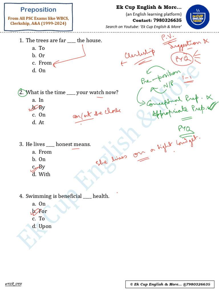 Preposition PYQ of PSC Exams With Answer Sketched | PDF