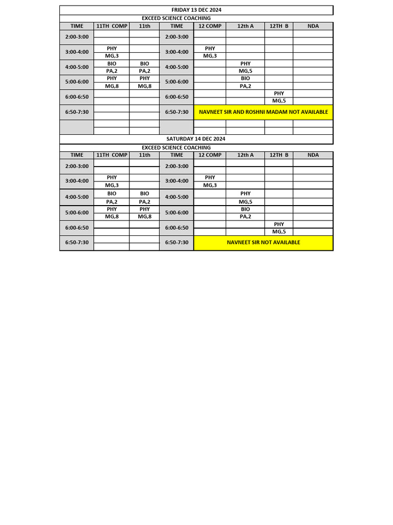 Time Table Esc 13 and 14 Dec 2024 | PDF