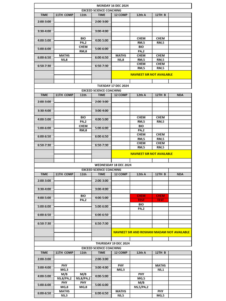 Time Table Esc 16 Dec to 21 Dec 24 | PDF