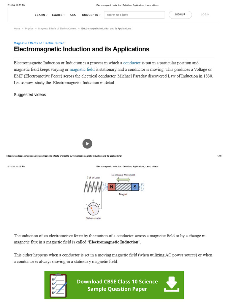 Electromagnetic Induction - Definition, Applications, Laws, Videos | PDF | Electromagnetic ...