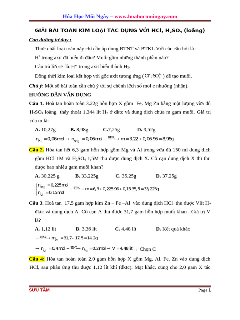Bai Toan Kim Loai Tac Dung Voi Axit HCL Va H2SO4 Loang Phan 1 | PDF