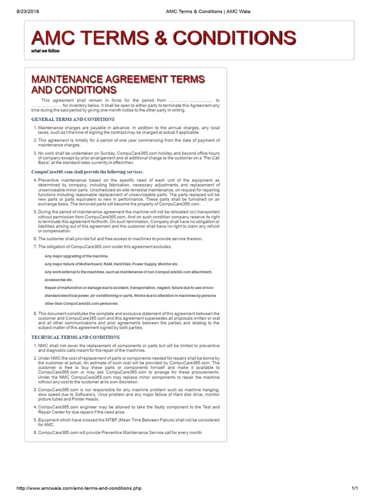 AMC Maintenance Agreement Terms | PDF
