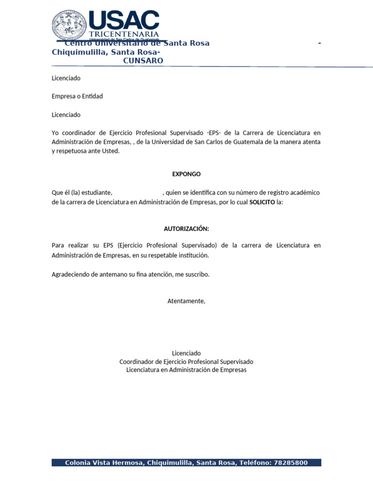 Carta Autorización EPS - USAC | PDF | Honoríficos | Titulo academico