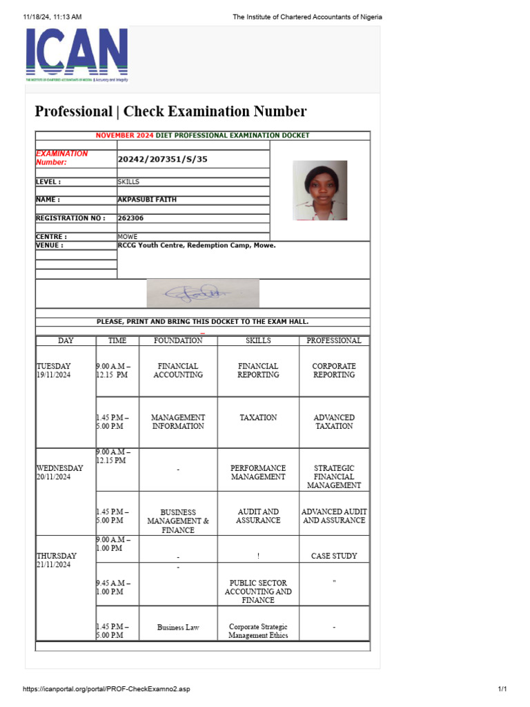 November 2024 ICAN Exam Docket Details | PDF