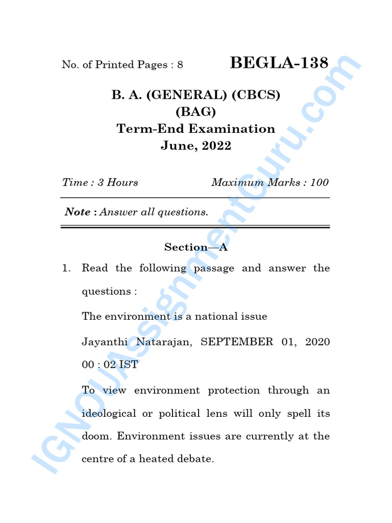 BEGLA-138 June2010-June2023 | PDF | Reading Comprehension | Reason