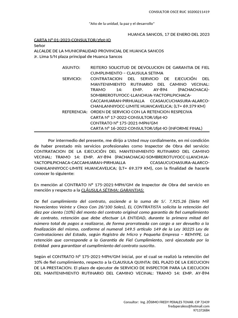 CARTA N 01-2023 DEVOLUCION DE RETENCION DE FIEL CUMPLIMIENTO | PDF CARTA N 01-2023 DEVOLUCION DE RETENCION DE FIEL CUMPLIMIENTO | PDF
