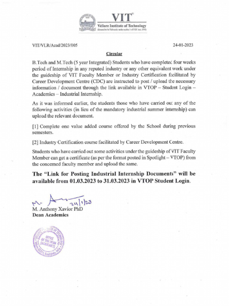 Circular on Industrail Internship Winter 2022 -23 | PDF